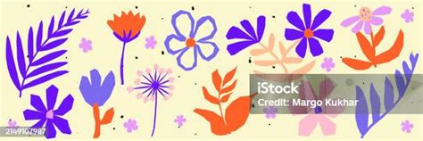 꽃 추상 기하학적 컷 아웃 모양 세트입니다 컬렉션 현대 잘라낸 종이 요소 밝은 꽃과 나뭇잎 아이 콜라주 손으로 그린 빈티지 스타일 고립된 벡터 일러스트 레이 션 Diy에