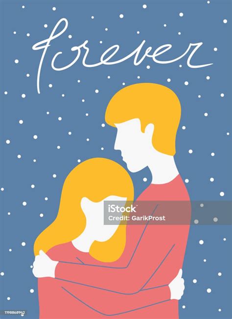 영원히 레터링 템플릿 엽서 발렌타인 데이와 별 점 배경에 귀여운 커플 포옹 2월에 대한 스톡 벡터 아트 및 기타 이미지 2월