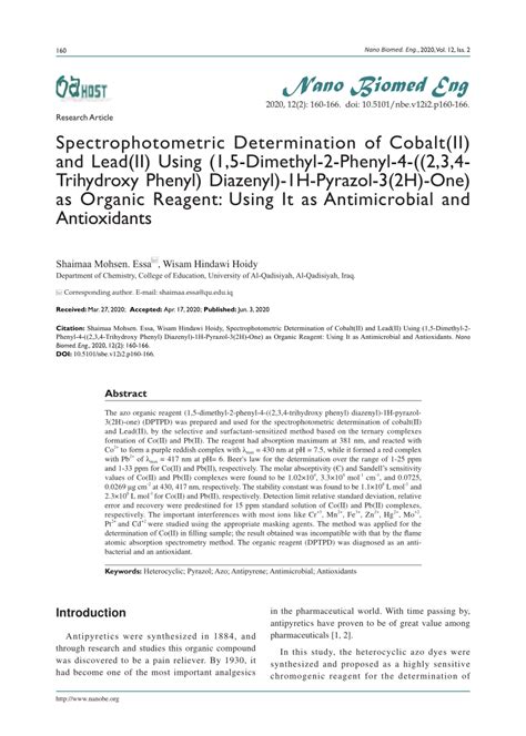 Pdf Spectrophotometric Determination Of Cobalt Ii And Lead Ii Using 1 5 Dimethyl 2 Phenyl 4