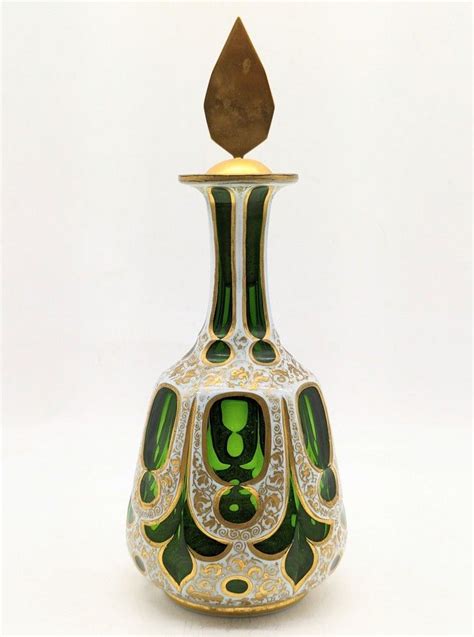 Bohemian Green Glass Perfume Bottle With Gilt Arabesque Design Scent