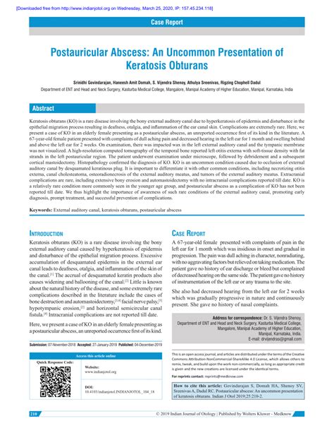 Pdf Postauricular Abscess An Uncommon Presentation Of Keratosis Obturans