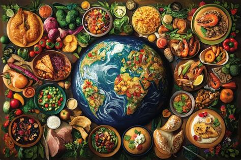 a globe surrounded by various international cuisines premium ai