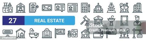 부엌 창고 계약 교회 은행 창고 집 웹 디자인 모바일 앱을위한 건설 벡터 얇은 선 아이콘과 같은 27 개의 개요 웹 부동산 아이콘 세트 0명에 대한 스톡 벡터 아트 및 기타