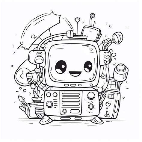 장난감을 가지고 노는 귀여운 로봇 색칠 페이지 무료 기본 간단한 귀여운 만화 기술 개요 흰색 배경에 고립 어린이 색칠 페이지 Png 일러스트 및 이미지 에 대한 무료