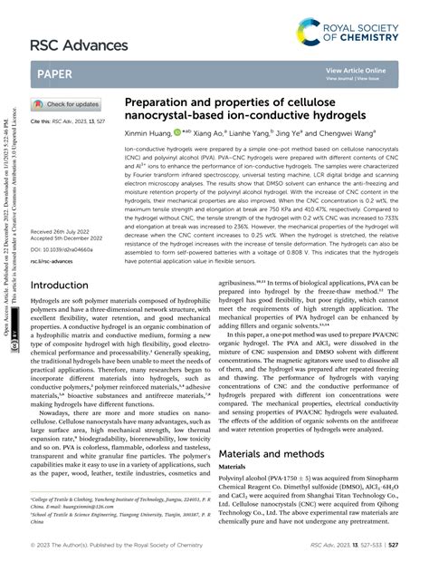 Pdf Preparation And Properties Of Cellulose Nanocrystal Based Ion Conductive Hydrogels