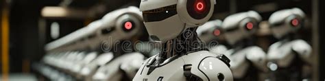 Row Of Humanoid Robots Standing In A Line In A Futuristic Factory