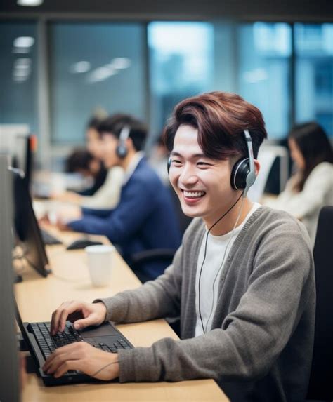 Premium Photo Man Using Computer And Wearing Headphones
