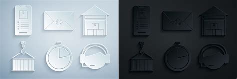 스톱워치 창고 컨테이너 크레인 지원 운영자 터치 봉투 및 앱 배달 추적 아이콘이 있는 휴대폰설정 벡터 0명에 대한 스톡 벡터 아트 및 기타 이미지 Istock