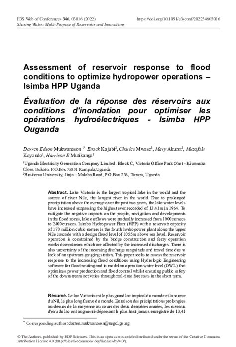 Pdf Assessment Of Reservoir Response To Flood Conditions To Optimize Hydropower Operations