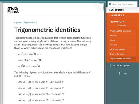 Math Planet Algebra 2 Trigonometry Trigonometric Identities Ebook For 9th 10th Grade