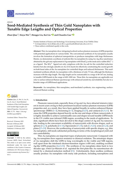 Pdf Seed Mediated Synthesis Of Thin Gold Nanoplates With Tunable Edge