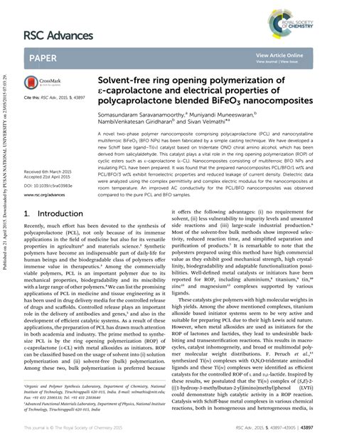 Pdf Solvent Free Ring Opening Polymerization Of Caprolactone And Electrical Properties Of