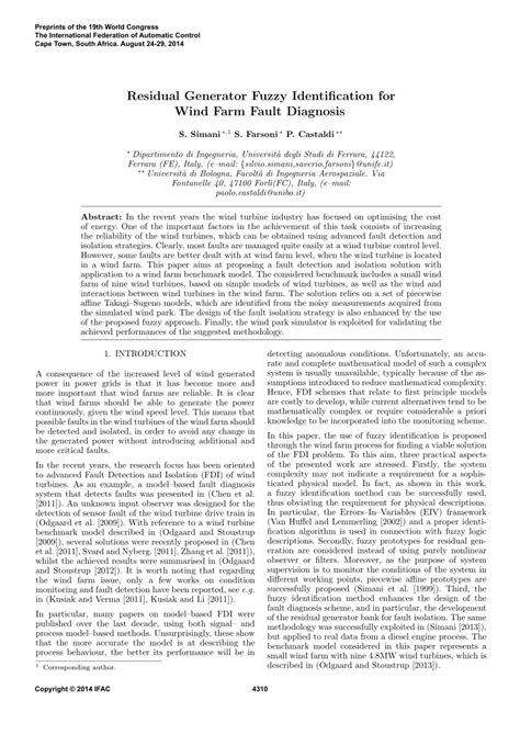 pdf residual generator fuzzy identification for wind farm fault diagnosis