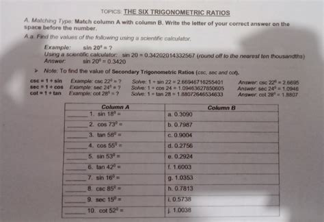 Solved Topics The Six Trigonometric Ratios A Matching Type Match