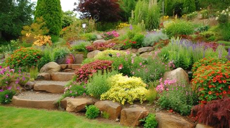 꽃 식물이 많은 경사진 정원 언덕 사진에 조경 산허리 풍경 배경 일러스트 및 사진 무료 다운로드 Pngtree