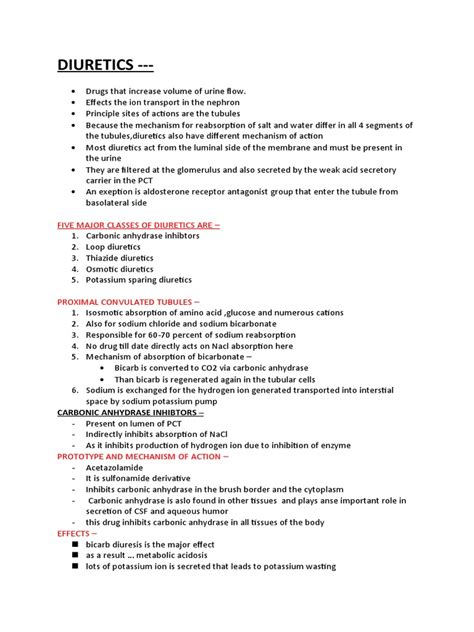Diuretics Five Major Classes Of Diuretics Are Pdf Pharmacology