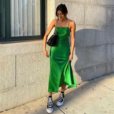 Summer Casual Dresses Women Elegant Sexy Green Satin Silk Backless Slit