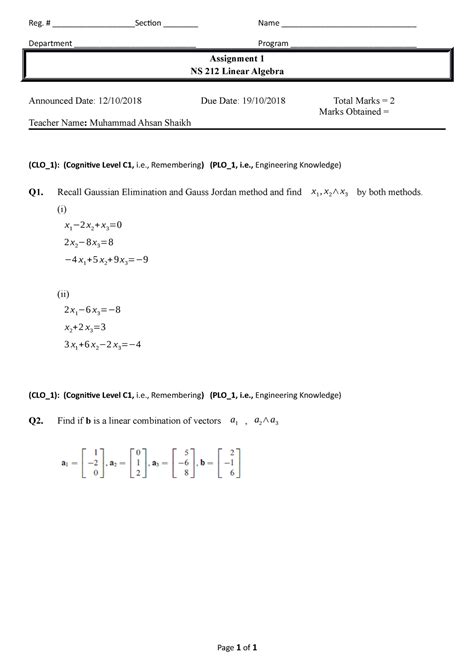 Linear Algebra Assignment 1 Reg Section Name Studocu