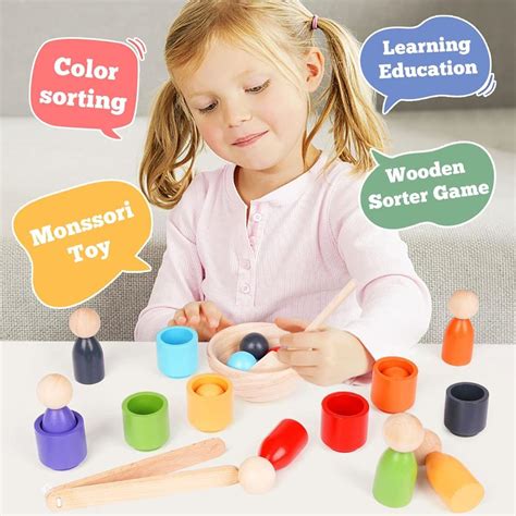 Thinkstar Balls In Cups Montessori Toy Wooden Sorter Game Wooden Peg Dolls In Cups Colorful