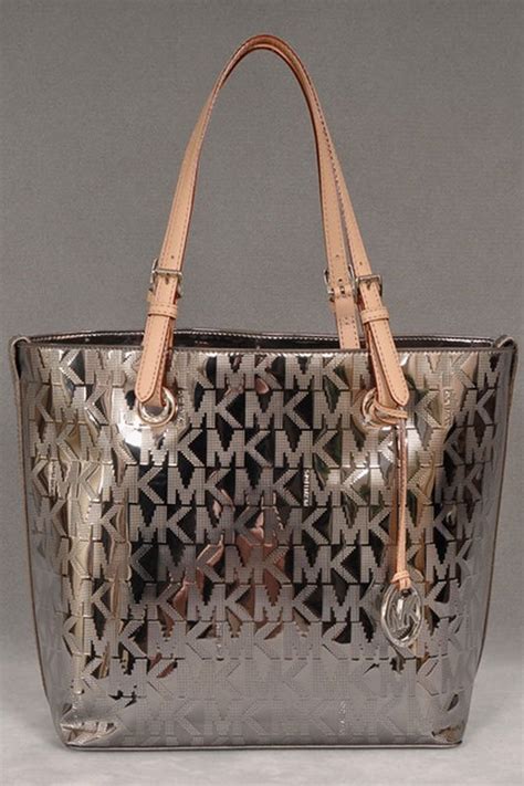 Michael Kors Mk Logo Mirror Metallic Grab Bag In Nickel Michael Kors