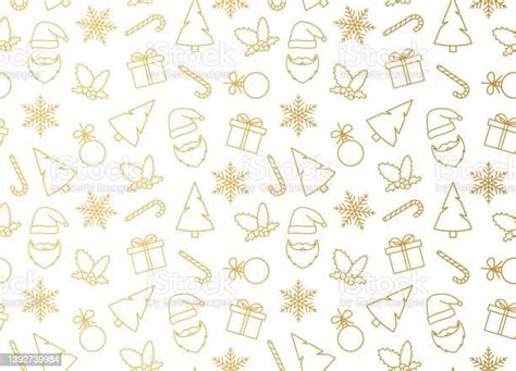 황금 크리스마스 아이콘의 원활한 패턴 산타 클로스 눈송이 선물 크리스마스 트리 사탕 지팡이 보블 및 홀리 베리 벡터 일러스트 레이 션 아이콘에 대한 스톡 벡터 아트 및 기타