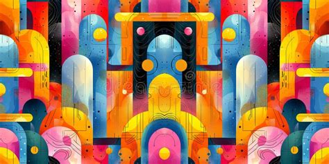 Colorful Abstract Mural Depicting Vibrant Geometric Shapes And Patterns At Sunset Stock