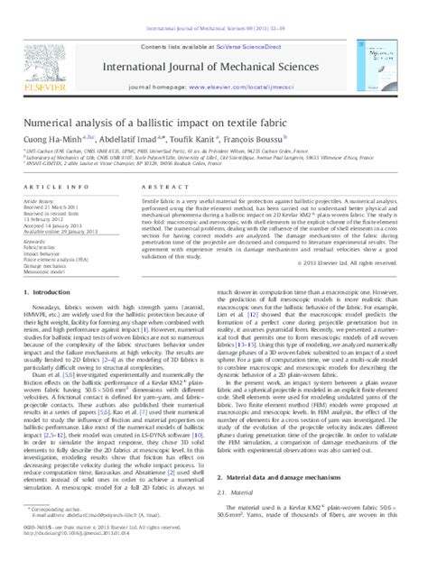 Pdf Numerical Analysis Of A Ballistic Impact On Textile Fabric