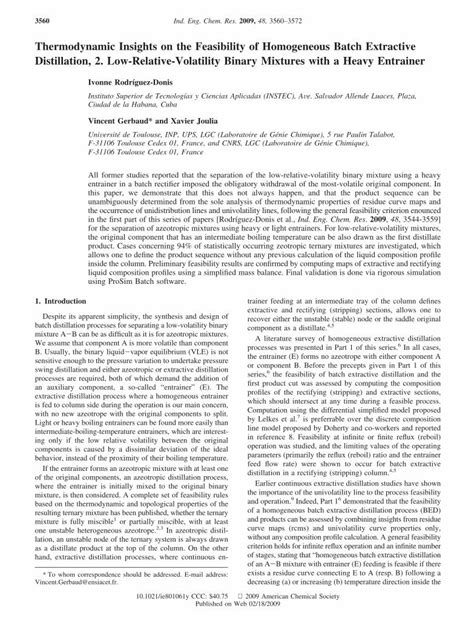 Pdf Thermodynamic Insights On The Feasibility Of Homogeneous Batch