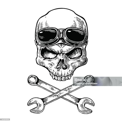 이마와 렌치에 오토바이를위한 안경으로 미소 두개골 블랙 빈티지 벡터 일러스트 포스터와 문신 바이커 클럽 흰색 배경에 격리 된