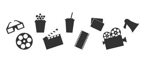 시네마 영화 영화 아이콘 실루엣 비디오 카메라 3d 안경 필름 릴 클래퍼 보드 필름 스트립 팝콘 소다 영화 티켓 및 메가폰 팝콘에 대한 스톡 벡터 아트 및 기타 이미지