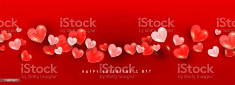 발렌타인 데이 배경 텍스트에 대한 장소와 빨간색 배경에 다른 크기와 패턴의 3d 볼륨 풍선 마음 밸런타인데이에 대한 스톡 벡터