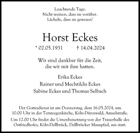 Traueranzeigen Von Horst Eckes Wirtrauern