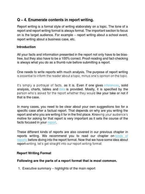 q 4 enumerate contents in report writing inferences data
