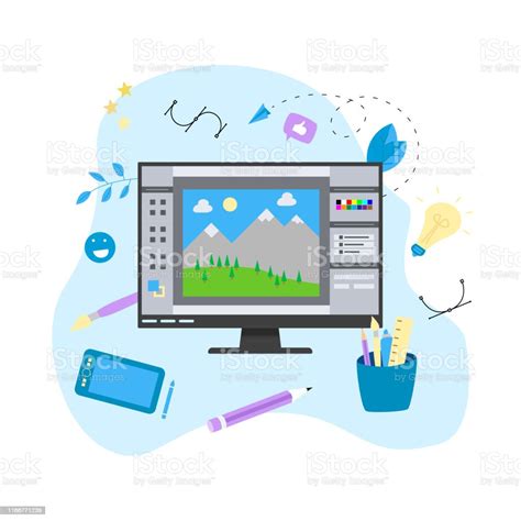 창조적 인 프로젝트와 오픈 일러스트 레이션 응용 프로그램과 평면 벡터 그래픽 그리기 개념 개념에 대한 스톡 벡터 아트 및 기타