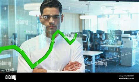 Image Of Screens With Data Processing Against Biracial Man With Arms Crossed Standing At Office