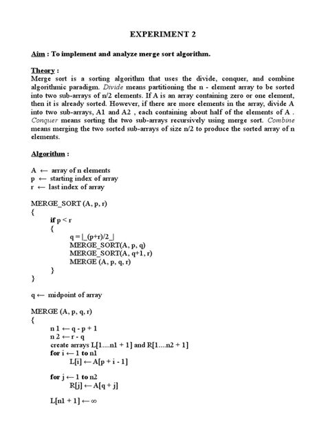 experiment 2 aim to implement and analyze merge sort algorithm