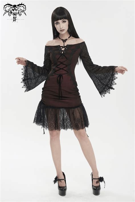 Womens Off Shoulder Lace Gothic Wine Red Splice Dress