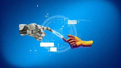 3d Model Of Robot Hand And Human Hand About To Touch With Digital Interface On Blue Neon