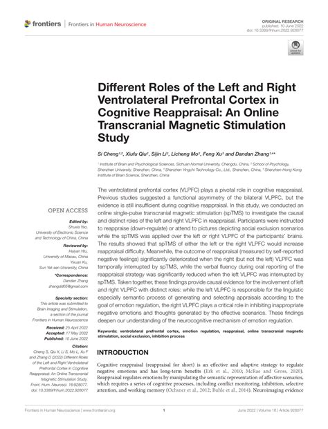Pdf Different Roles Of The Left And Right Ventrolateral Prefrontal Cortex In Cognitive