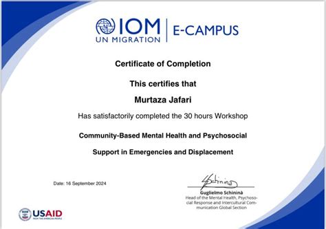 I Am Delighted And Much Honored To Receive Many Cetifications From Un Iom And Who On Completing