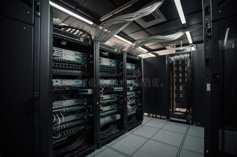 Close Up Of Server Room With Rack After Network Equipment And Cables Stock Image Image Of