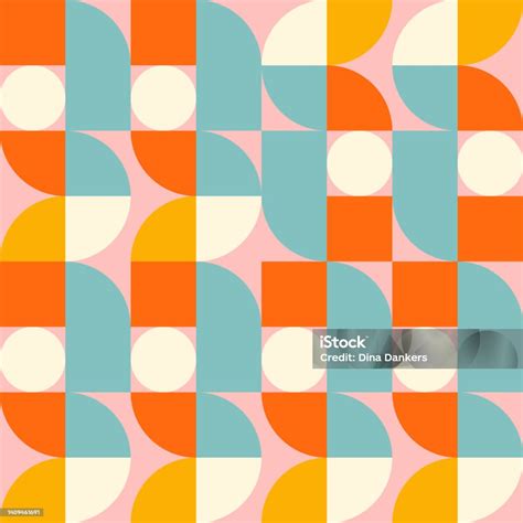 복고풍 기하학적 미학 바우 하우스 는 원 사각형 반원과 같은 추상적 인 간단한 모양으로 벡터 배경에서 영감을 얻었습니다 향수를 불러일으키는 파스텔 색상 0명에 대한 스톡