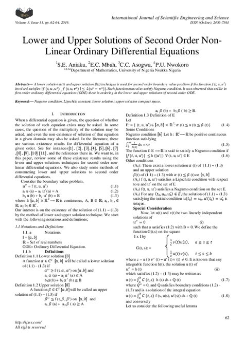 Pdf Lower And Upper Solutions Of Second Order Non Linear Ordinary Differential Equations