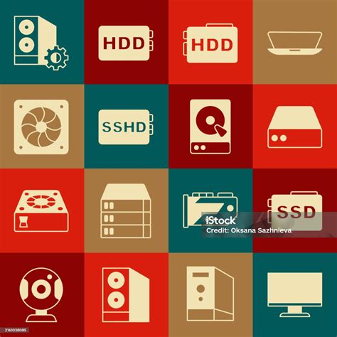 set computer monitor screen ssd card server data web hosting hard disk