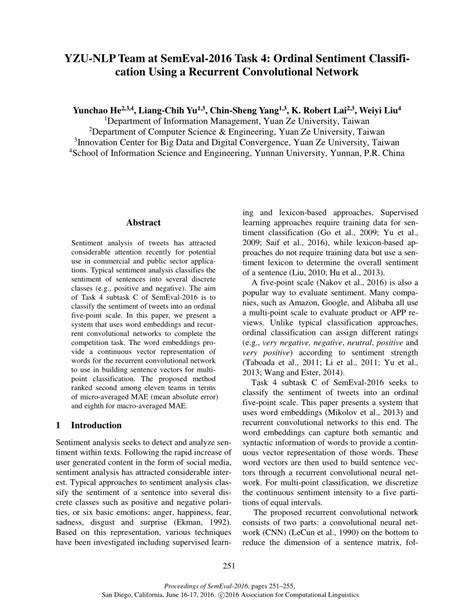 Pdf Yzu Nlp Team At Semeval 2016 Task 4 Ordinal Sentiment Classification Using A Recurrent