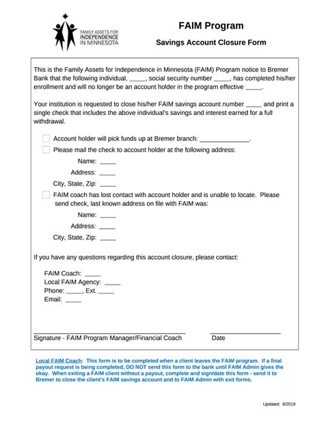 Faim Program Savings Account Closure Fill Online Printable Fillable