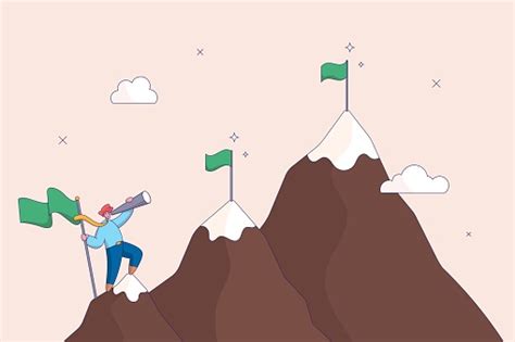 승리 개념입니다 성공에 대한 야망과 목표 달성 경력 성장 또는 비즈니스 목표 승리에 대한 도전 성취 동기 부여 된 사업가는 더 높은 목표를 달성하기 위해 산봉우리에