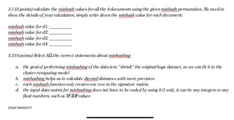Solved 3 1 8 Points Calculate The Minhash Values For All