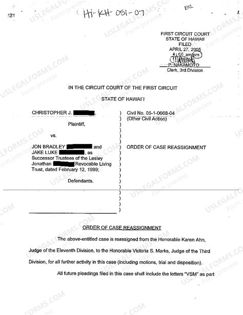 Hawaii Order Of Case Reassignment Us Legal Forms