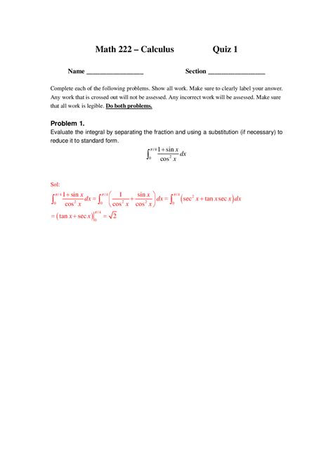 Quiz 1 With Solutions For Calculus And Analytic Geometry Math 222 Docsity